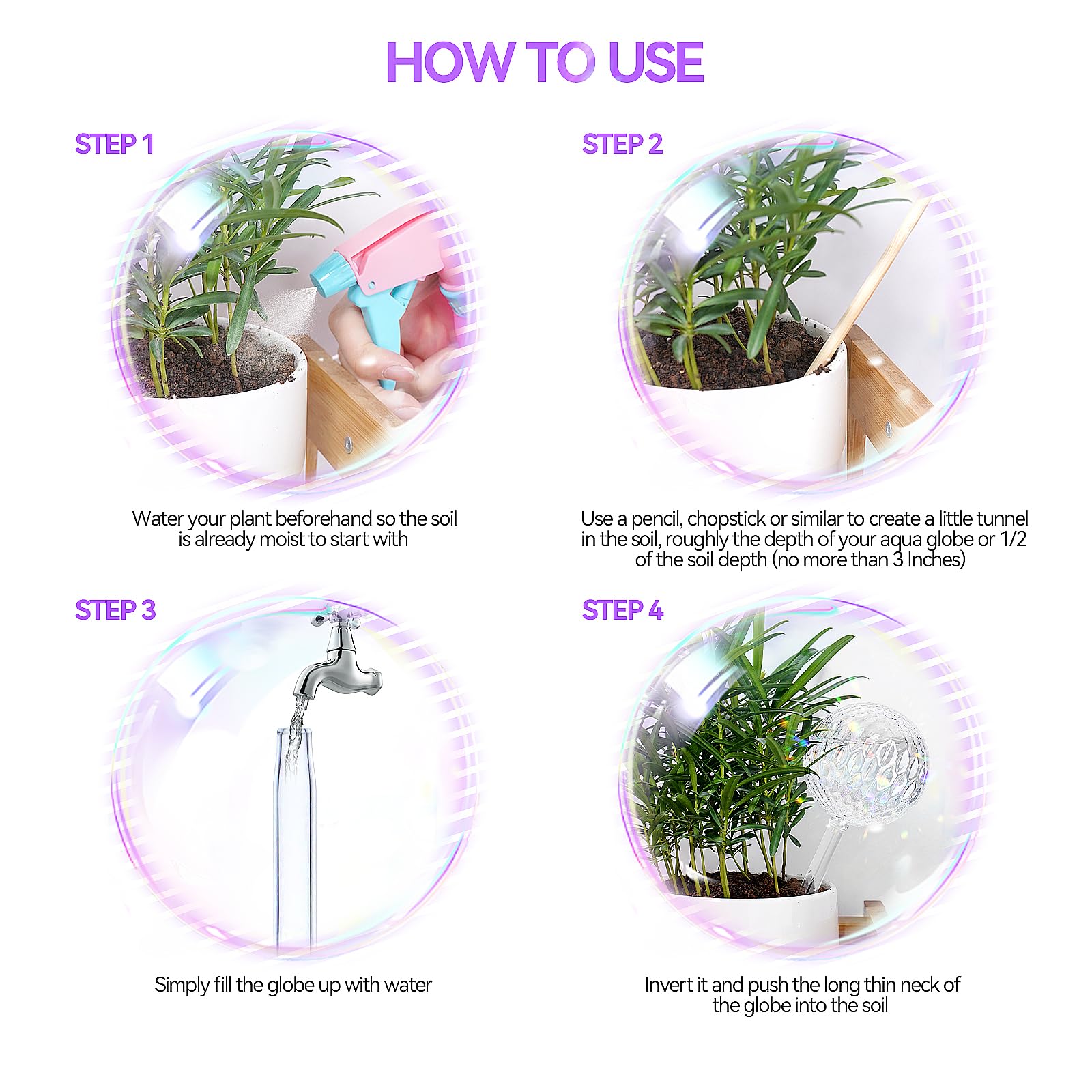 KBCSUN 2pcs Plant Watering Globes, Patterned Glass Iridescent Rainbow Gradient, Auto Waterer Self Watering Planter Insert Stakes, Plant Accessories Indoor