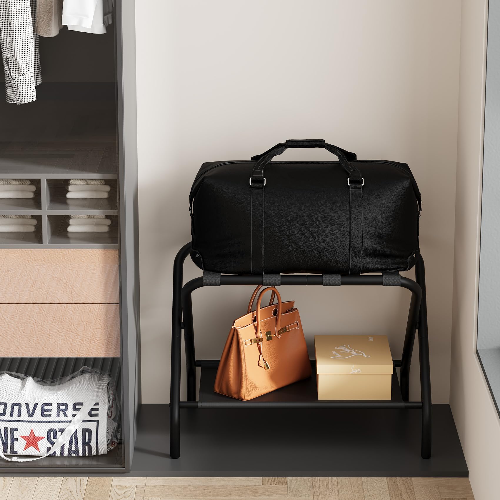 Smuxee Black Luggage Rack, Foldable Suitcase Stand with Fabric Storage Shelf, Luggage Holder with 4 Nylon Straps for Guest Room Bedroom Hotel