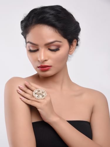 Efulgenz Indian Bollywood Traditional Antique Round Crystal Kundan Adjustable Big Ring Finger Jewelry for Women