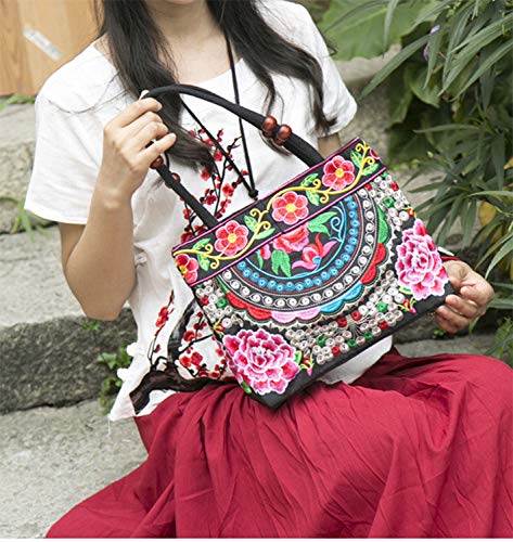 Embroidered Canvas Top Handle Handbags for Women,Ladies Casual Vintage Handbag Tote Bag