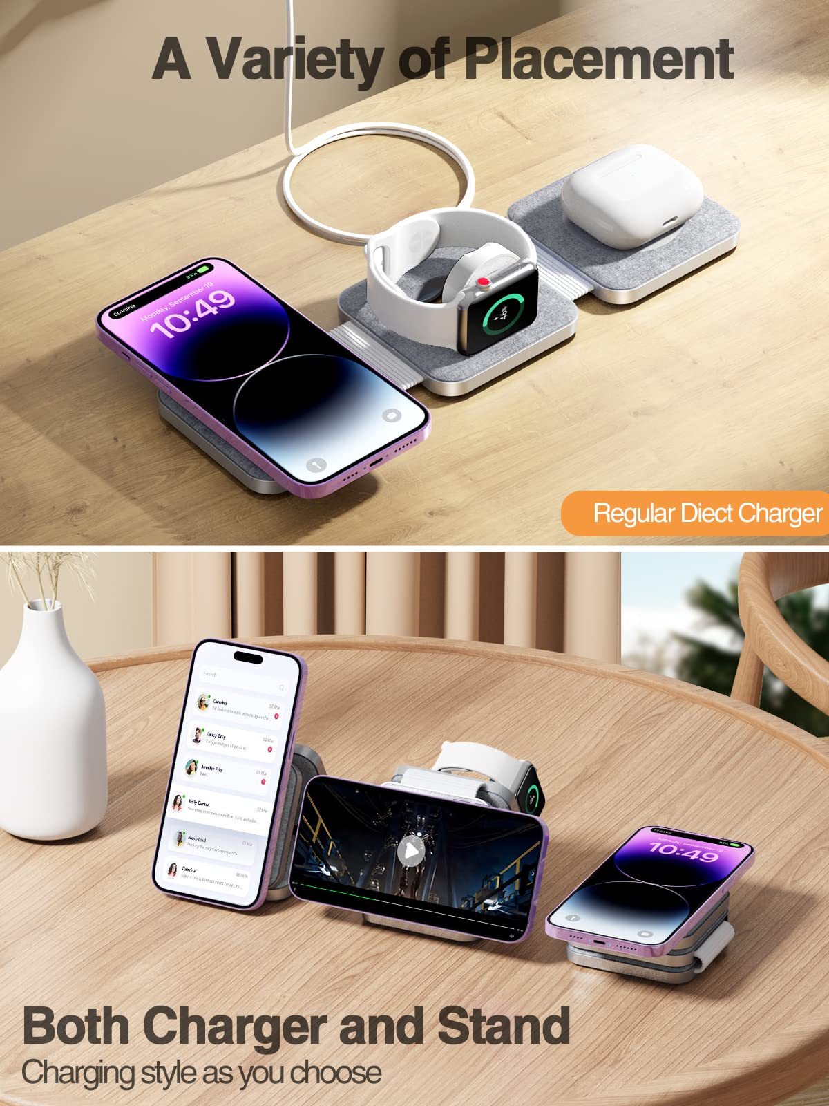 Miroddi MC-01 3 in 1 MagSafe Wireless Charger, Foldable Wireless Charging Station for Travel, Fast MagSafe Wireless Charging Pad for iPhone 14/13/12, Apple Watch & Airpods with 20W PD Adapter, Gray