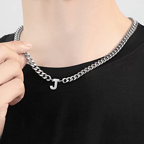 RUOOUY Initial A-Z Letter Necklace for Men Stainless Steel Cuban Link Chain 18+2 Inch Personalized Letter Charm Pendant Jewelry Gift for Boys Women(Silver-J)