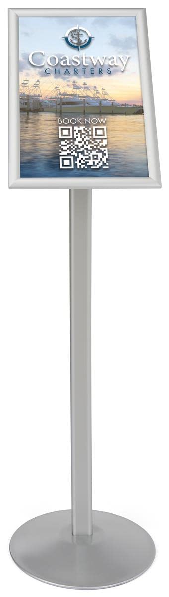Floor-Standing Sign Stand for 11 x 17 inch Poster, Snap-Open Frame - Silver Anodized Aluminum