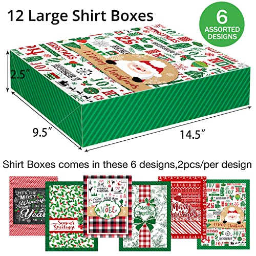 Party Funny 12Christmas Gift Wrap Boxes Bulk with Lids, 12 Tissue paper and 80 Count Foil Christmas Tag Stickers for Wrapping Large Clothes (Shirts,Tshirt) and Xmas Holiday Present