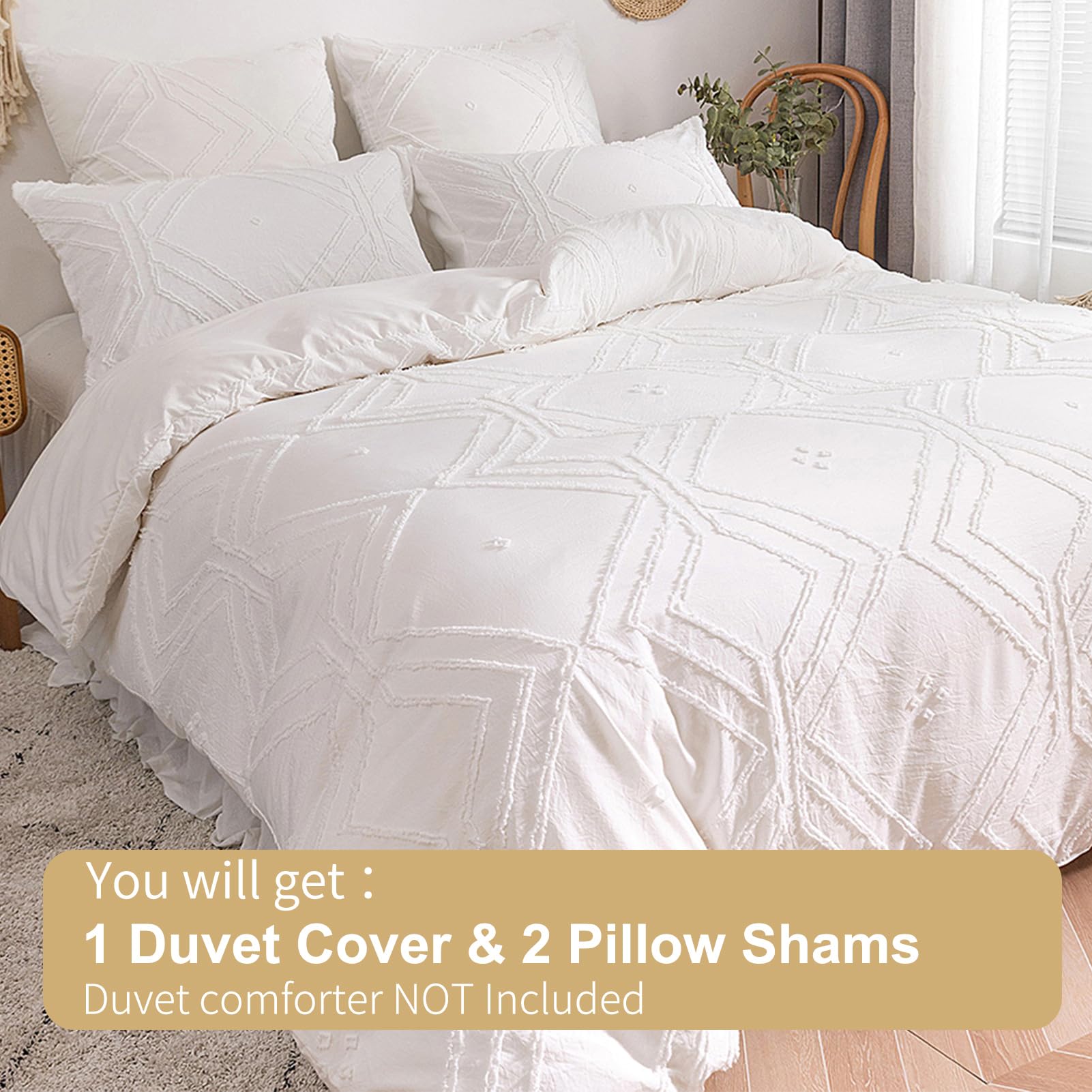 Rvciby Women White Boho Duvet Cover Queen,3PCS Soft Microfiber Bedding Set,Boho Textured,Rhombus Geometric Pattern Duvet Cover with Corner Ties & Zipper Closure (90"x90"-1 Duvet Cover,2 Pillow Cases)