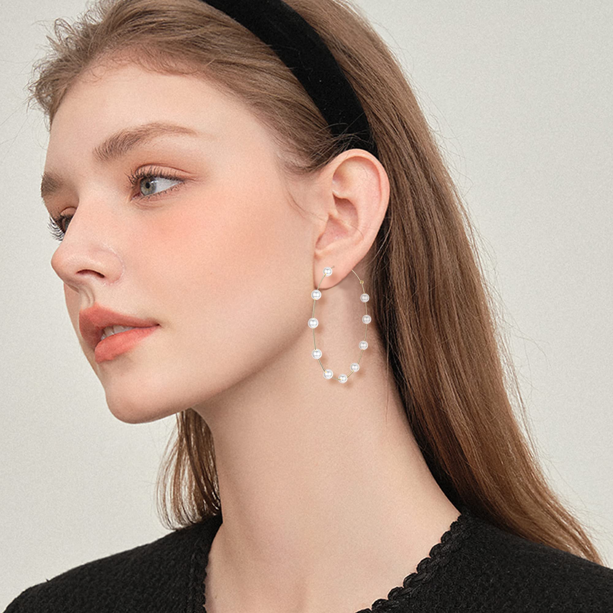 Fansilver 4Pairs Large Pearl Hoop Earring For Women Hypoallergenic Huge Circle Pearl Drop Dangle Hoop Earrings Jewelry