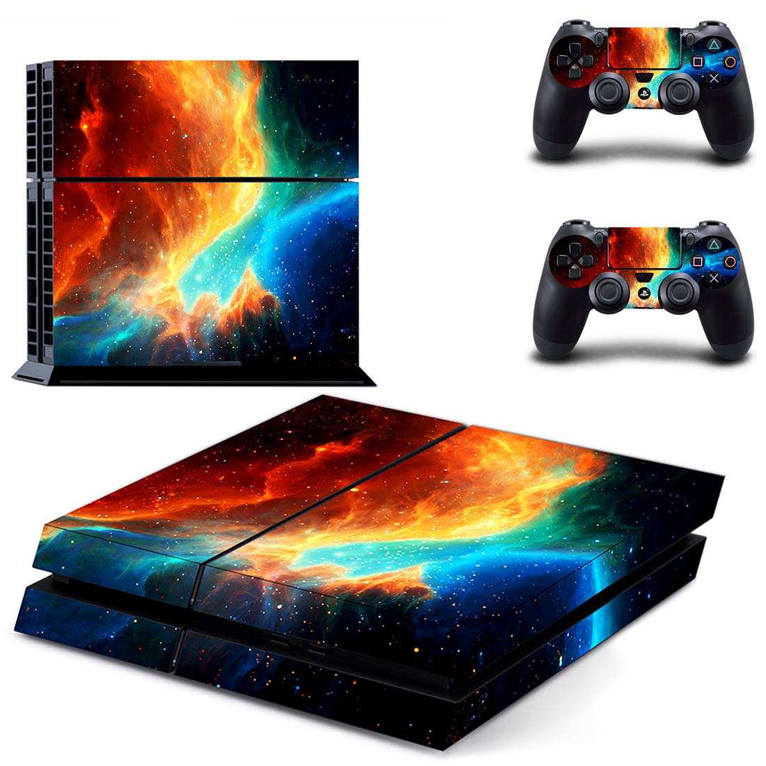 FOTTCZ Whole Body Vinyl Skin Sticker Decal Cover for Playstation 4 Console and Two Controllers - Orange and Blue