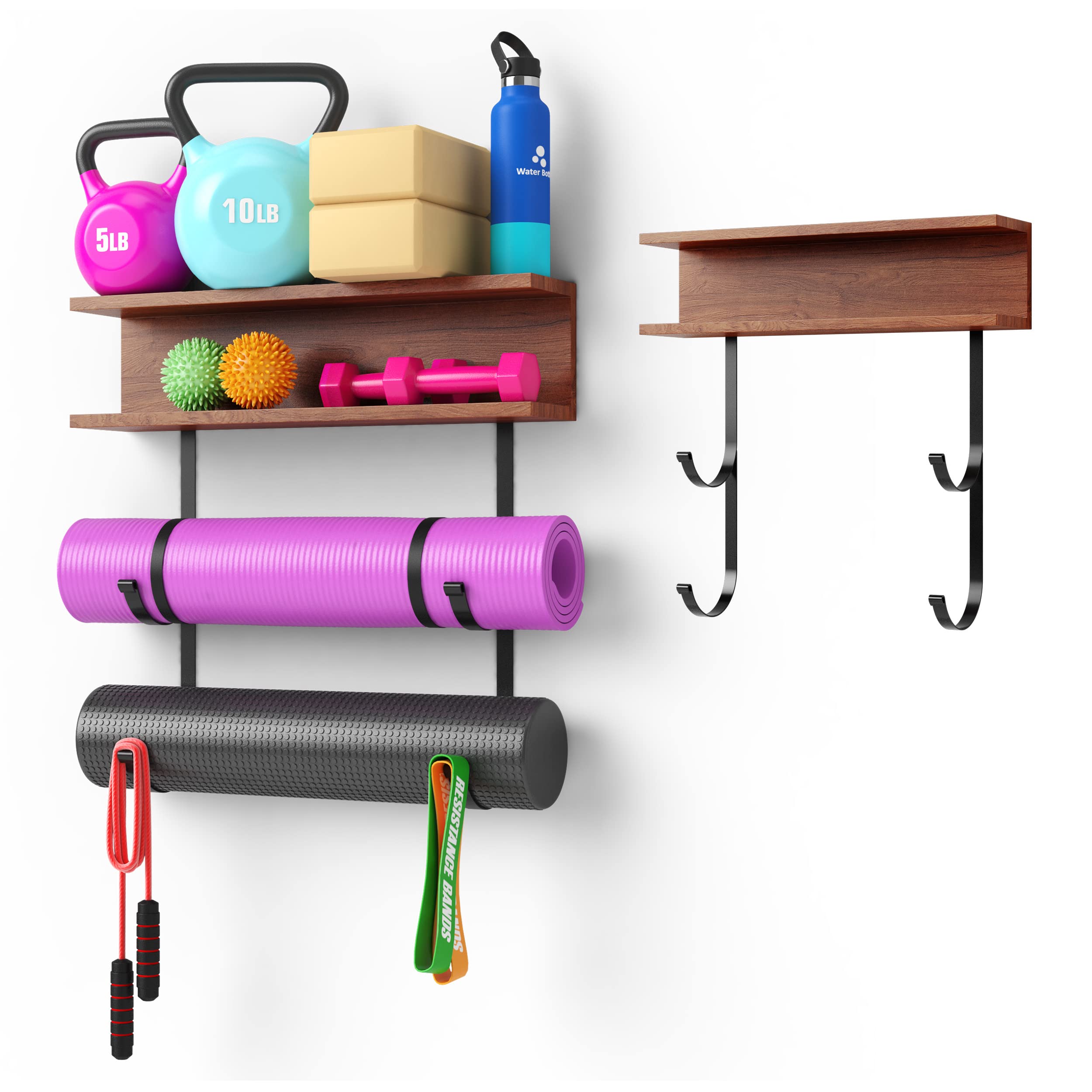 Houseables Yoga Mat Holder, Wall Mounted Organizer w/Shelf and Hooks, 23.5” x 6.75” x 5.5”, Brown, Black, Wood, Metal, Foam Roller Hanging Rack, Workout Accessories Storage, Home Gym Exercise Mount