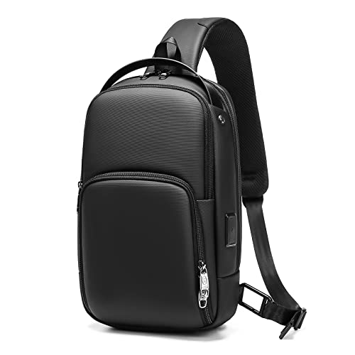SSWEISIKER Sling Bag for Men, Men's Shoulder Bag and Chest Bag, Waterproof Small Crossbody Backpack with Multiple Pockets & USB Charging Port for Sports, Gym and Travel, Anti-theft & Minimalist, Black