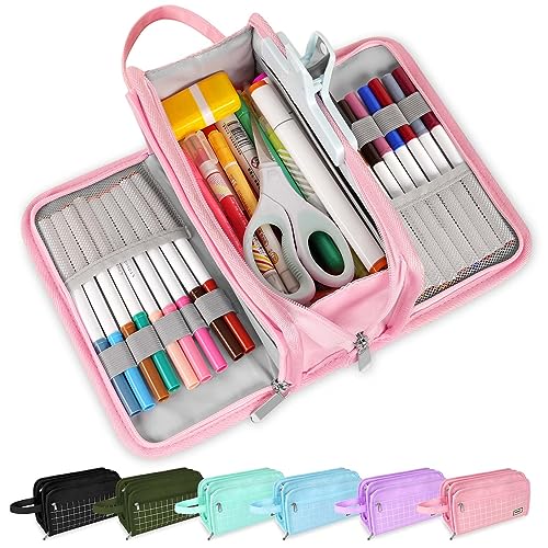 Sooez Large Pencil Case, Big Capacity Pencil Pouch Pen Bag with 3 Compartment, Portable Canvas Stationery Organizer with Zipper, Cute Aesthetic School Supplies For Teen Girls Boy College, Pink