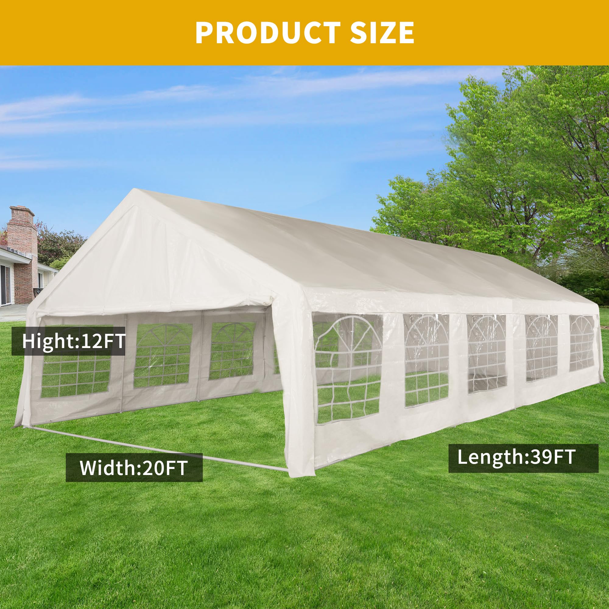 DWVO 20x30 ft Outdoor Heavy Duty Party Tent Wedding Event Shelters Upgraded Galvanized Canopy with Large White Roof, Removable PVC Sidewalls & 3 Storage Bags