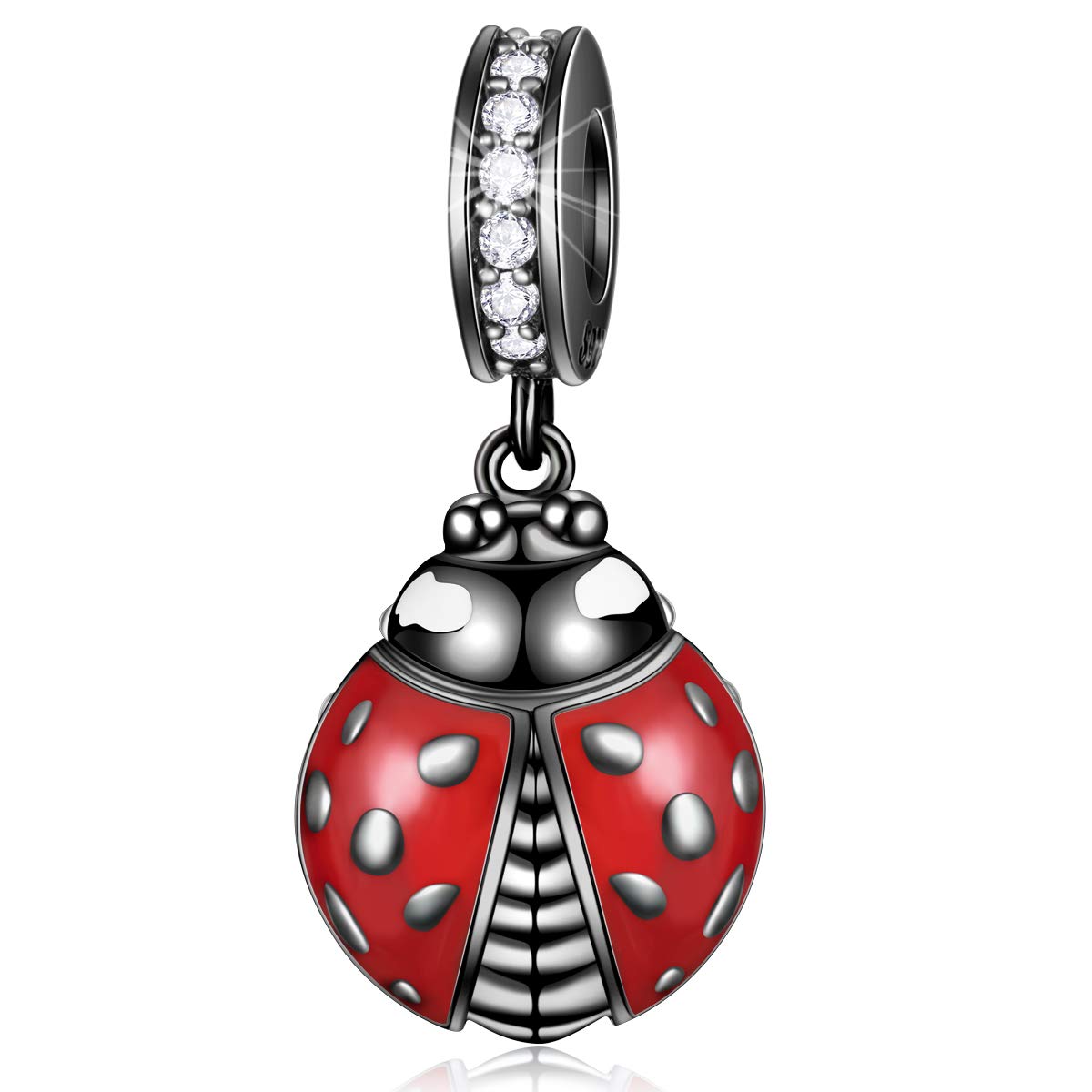 EMOSTAR Dangle Gun Black Ladybug Charms fits Pandora Christmas Bracelet, 925 Sterling Silver Ladybird Beetle Beads Lady Bug Pendant with Red Wings Enamel, Gift for Insect Lover/Women