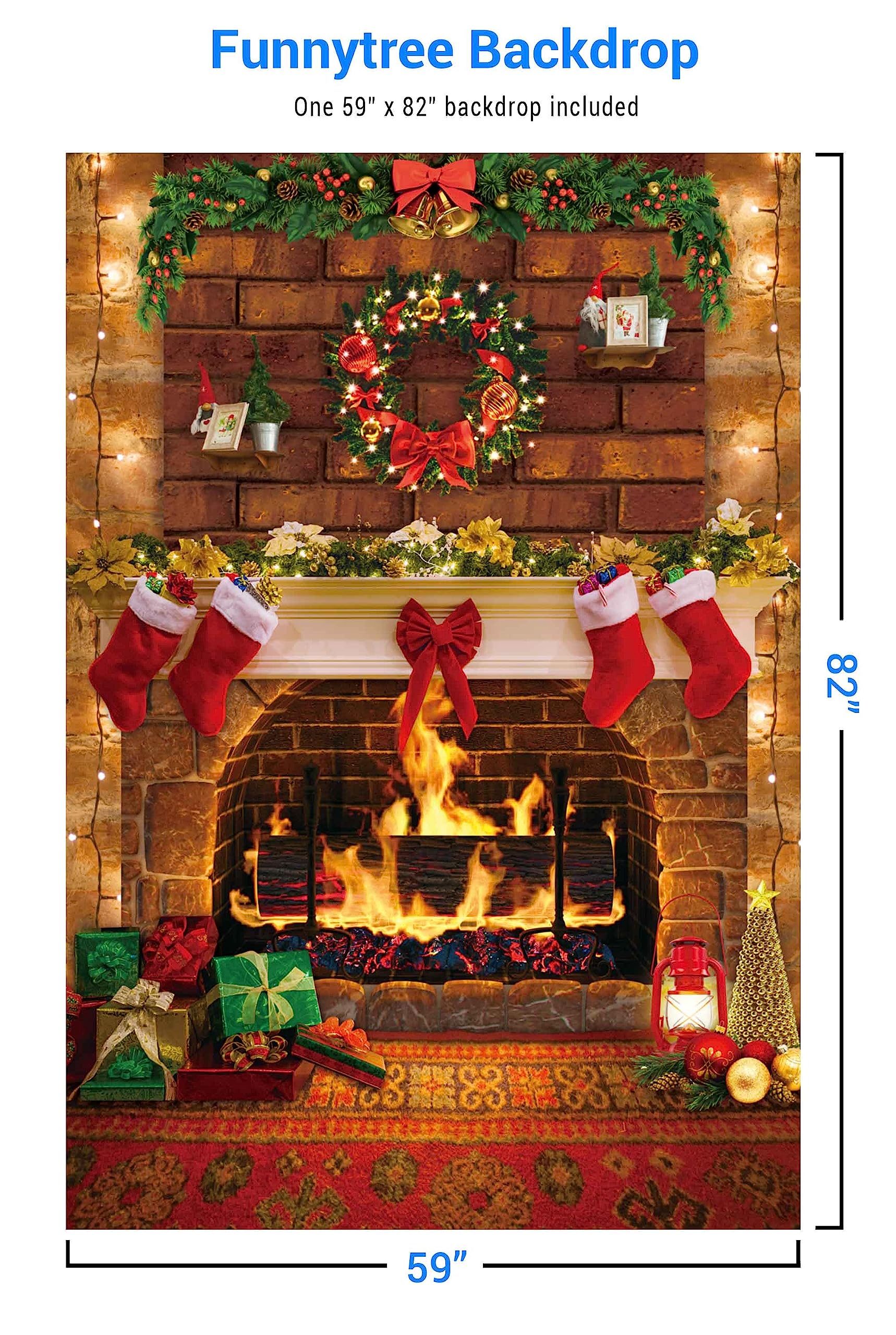 Funnytree 5x7FT Christmas Fireplace Photography Backdrop Rustic Red Brick Wall Background Merry Xmas Eve Party Supplies Decoration Banner Portrait Photo Booth Studio Props