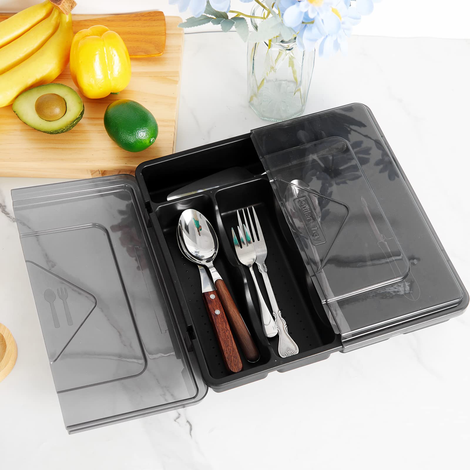 Geetery 2 Pcs Large Silverware Organizer with Lid, 5 Compartments Utensil Holder for Countertop Drawer Plastic Anti Slip Cutlery Tray Flip Cover Silverware Tray with Lid Flatware Organizers, Black