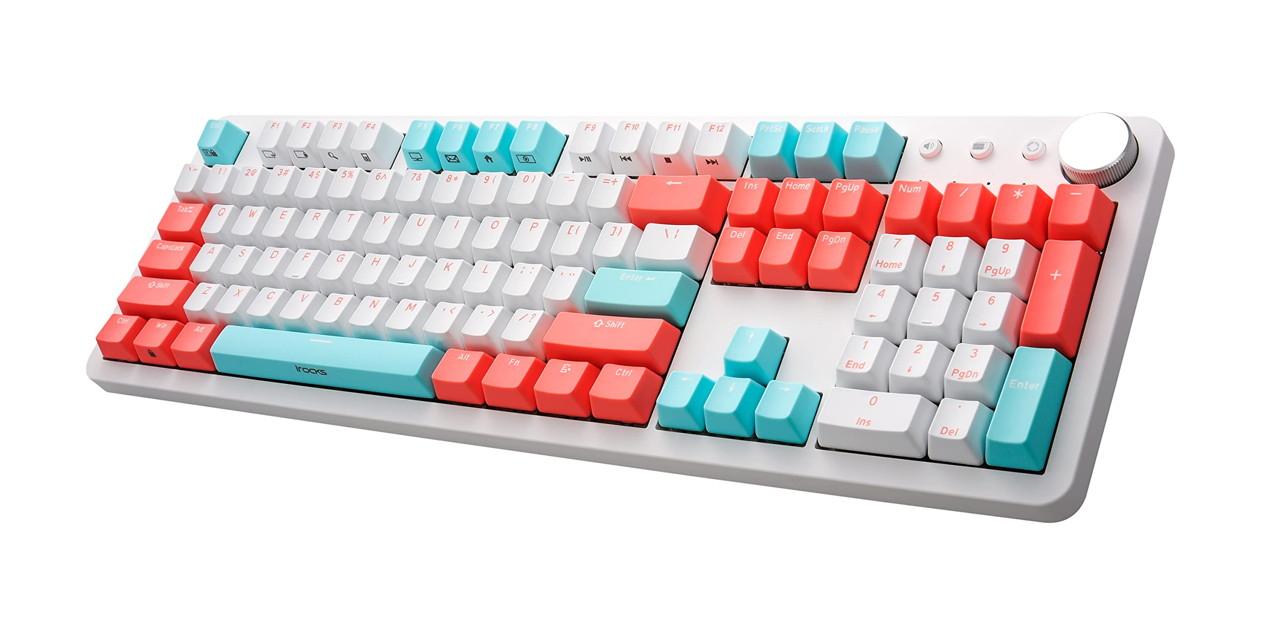 i-rocks K73M Mechanical Gaming Keyboard with Media Control Knob, 107 Keys, PBT Keycaps, Multimedia Hotkeys, Detachable USB-C Cable (Cherry MX Brown Switches, Mint Peach)