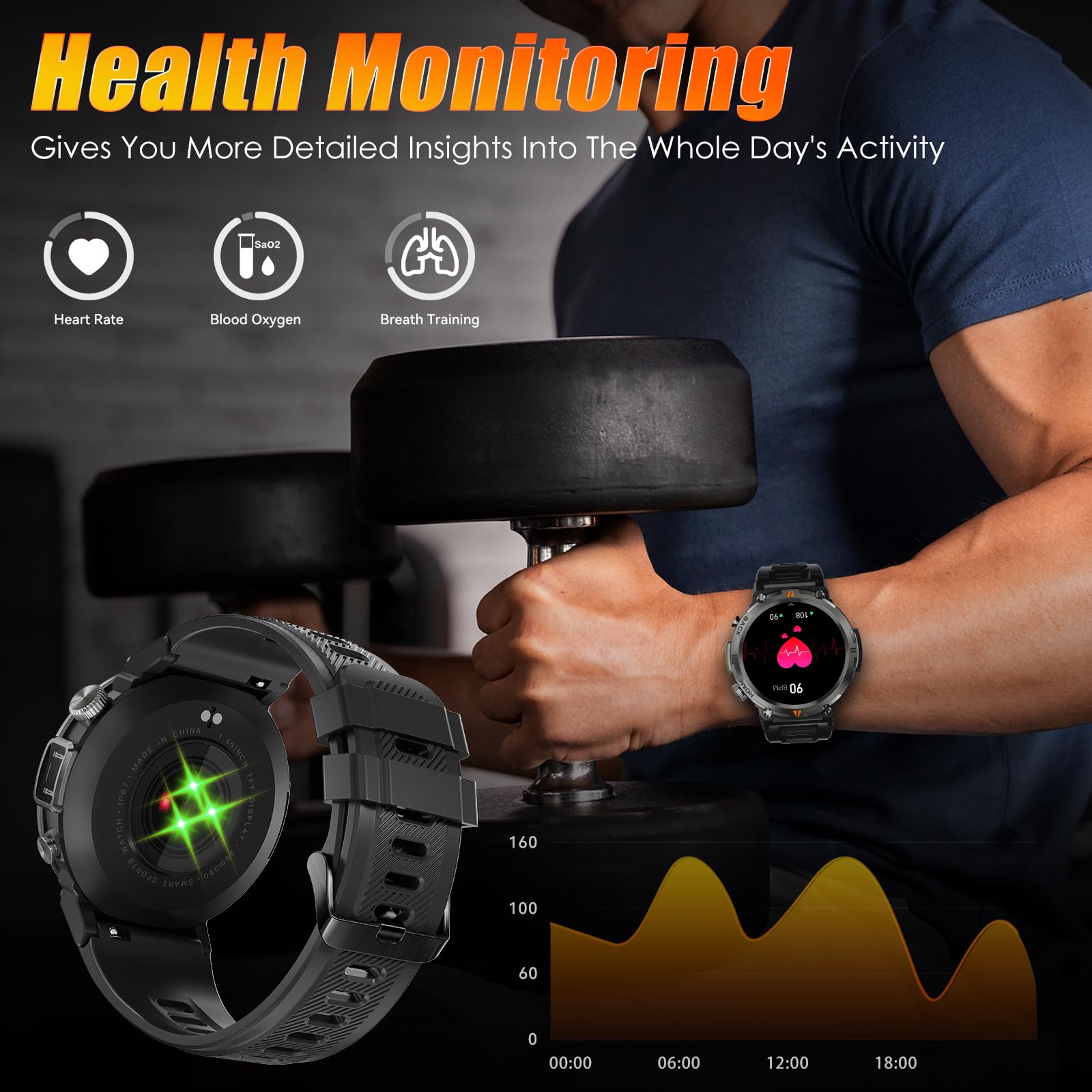 EIGIIS Military Smart Watch for Men Tactical Rugged with Bluetooth Call Flashlight 1.45'' Big Screen Fitness Tracker Heart Rate Sleep Monitor Waterproof Sports Smartwatch iPhone Android Black