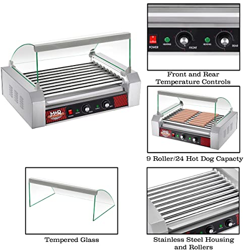 Great Northern Popcorn 9 Roller Hot Dog Machine with Tempered Glass Cover β Countertop Hot Dog Roller Makes Up to 24 Hotdogs, Brats, or Sausages