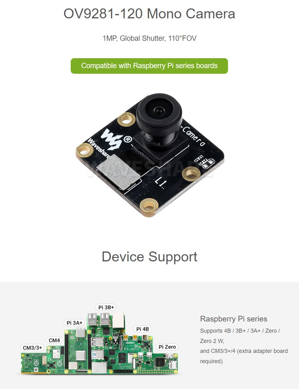 Waveshare OV9281-120 Mono Camera Compatible with Raspberry Pi Series Boards Including 4B/3B+/3A+/3B/2B/B+/A+ Extra FPC Cable is Required for Zero/Zero 2 W Series Global Shutter 1MP