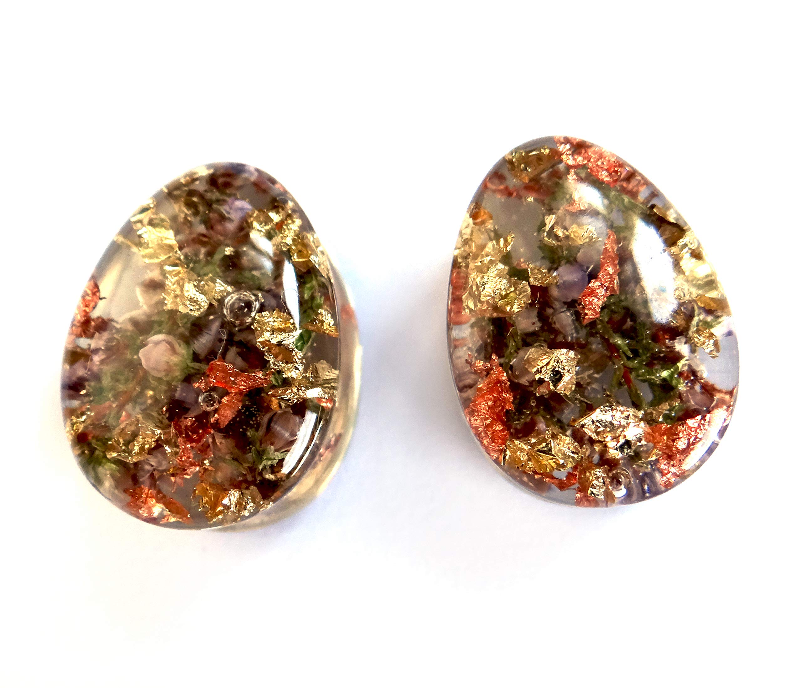 ETERNIADA Teardrop Heather Plugs Tunnels Wedding gauges Floral Resin Drop gauges Lilac Flower and Gold Flakes Plugs for Women Ear Plugs (22mm / 7/8" / Pair)