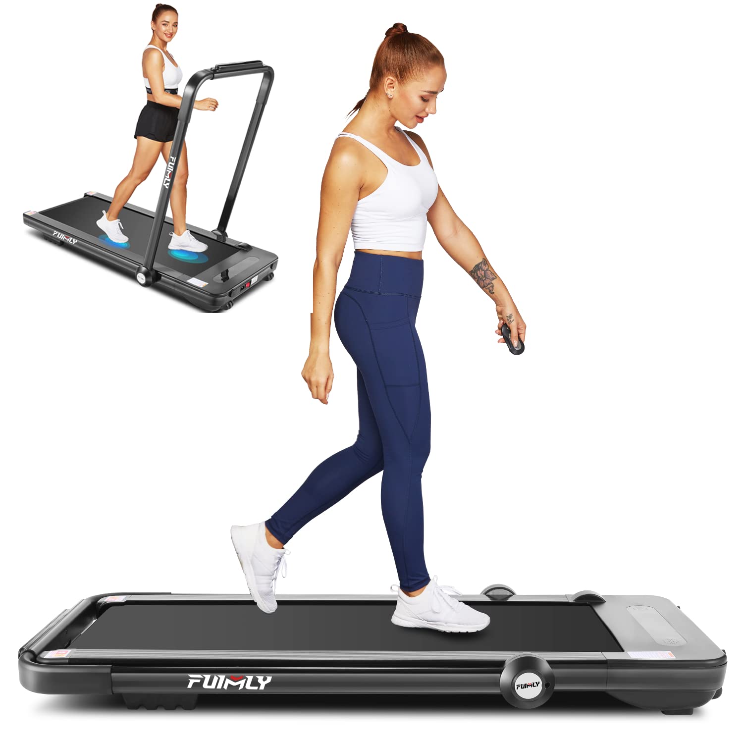 FUNMILY 2 in 1 Under Desk Treadmill, Folding Electric Treadmill with Remote Control,12 Preset Programs, and LED Display Compact Treadmill Walking Pad Running Machine for Home Office Small Space Black