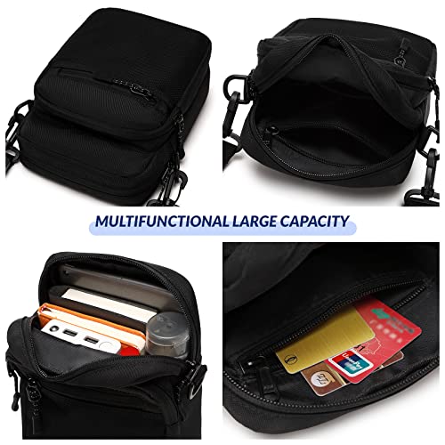 Lohol Small Messenger Bag for Men Women, Water Resistant Adjustable Multi-pocket Purse for Travel Sports (Black)
