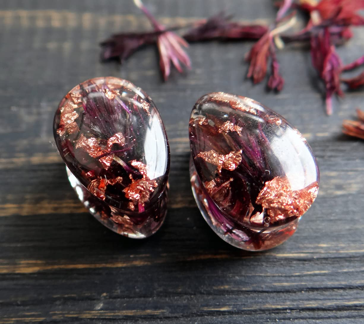 ETERNIADA Teardrop Ear gauges and Plugs Black Cornflower Plugs for Women for Men Drop Tunnels gauges with Flowers and Rose Gold Flakes (22mm / 7/8" / Pair)