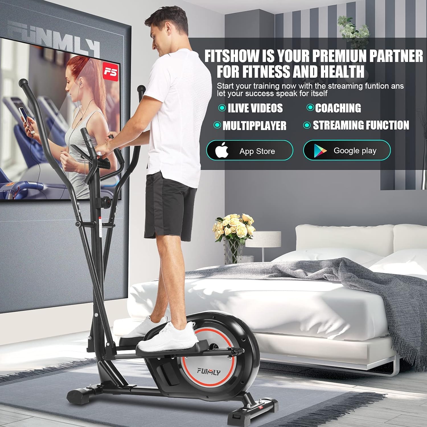 FUNMILY Elliptical Exercise Machine, Elliptical Machine for Home Use with LCD Monitor & Heart Rate Sensor, 10 Level Resistance Magnetic Elliptical Trainer Max 390 Lbs Weights Capacity