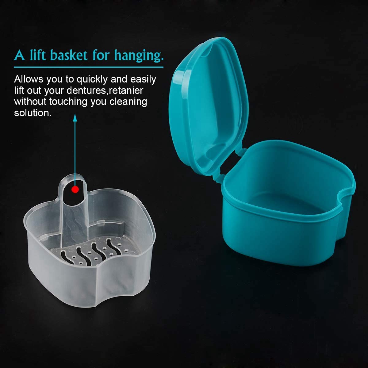 Honza Blue Denture Case, Denture Cup with Strainer, Denture Bath Box Teeth Storage Box with Basket Net Container Holder for Travel