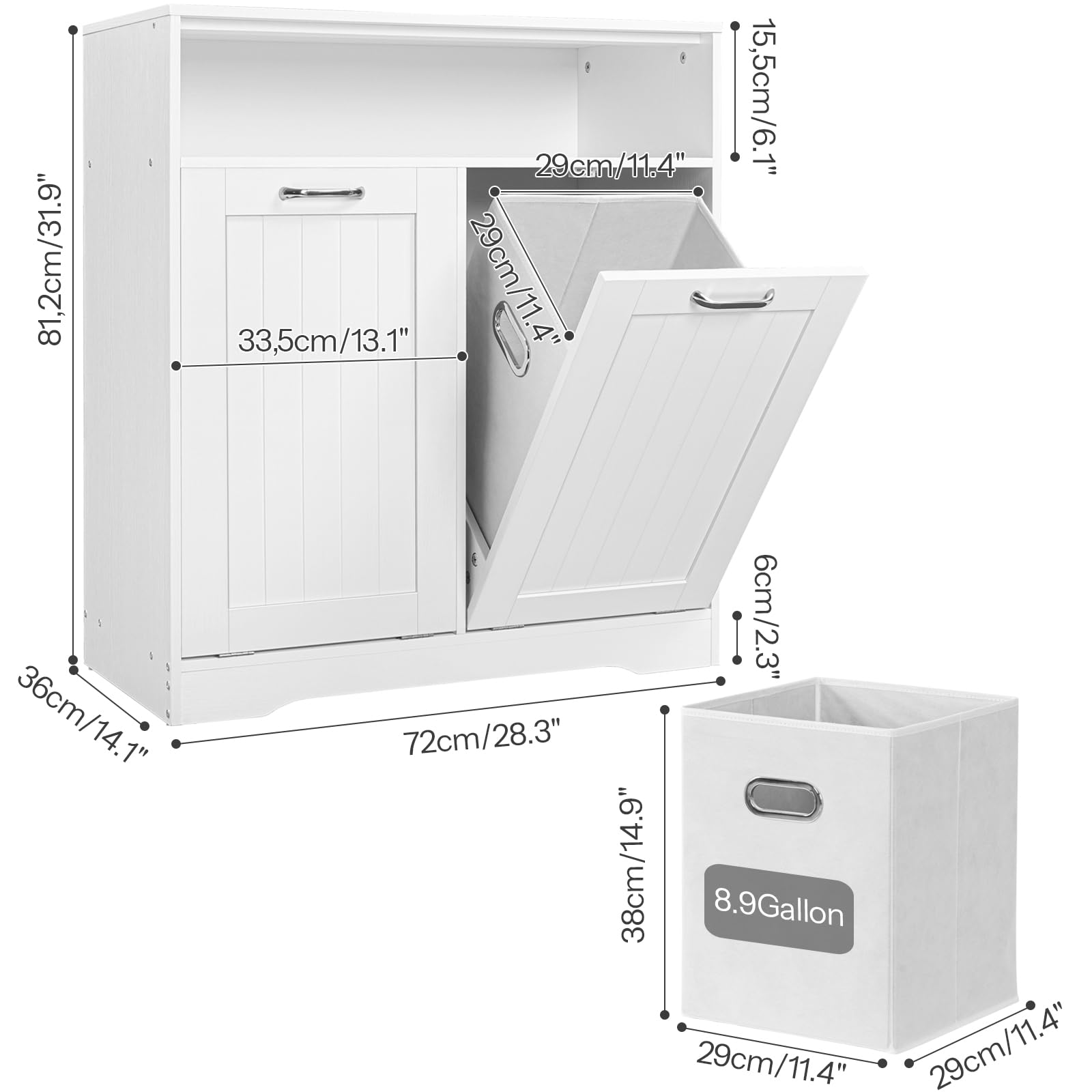 HOOBRO Laundry Cabinet, Tilt-Out Laundry Hamper, Pull Out Laundry Sorter with 2 Removable Basket and Open Shelving, Storage Cabinet for Laundry Room, Bathroom, Living Room, White WT80XY01
