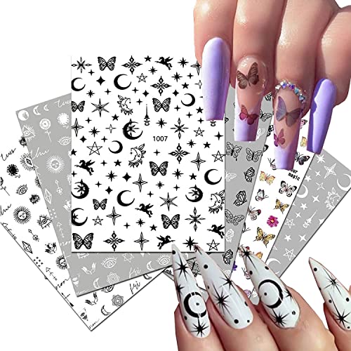 Starry Sky Series Nail Stickers for Nail Art - 3D Self Adhesive Nail Decals Black White Butterfly Star Moon Nail Design Stickers Constellation Meteor Decals DIY Nail Decorations for Women, 6Sheets