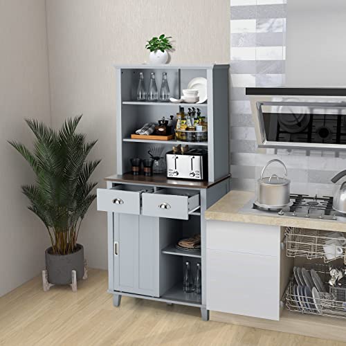 LOKO 67β Kitchen Pantry Storage Cabinet, Freestanding Buffet Sideboard with 3 Open Shelves, Microwave Countertop, 2 Pull-Out Drawers & Sliding Door Cabinet, Kitchen Hutch for Dining Room (Grey)