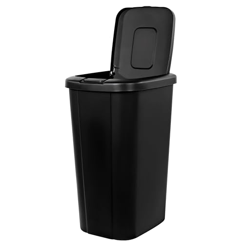 GerRiT Solid Color 13.3 Gal Touch Top Plastic Trash Can, Spring Loaded Lid Garbage Bin for Kitchen,Home, Bedroom, Bathroom,Office & Slim Space-Saving (Black)