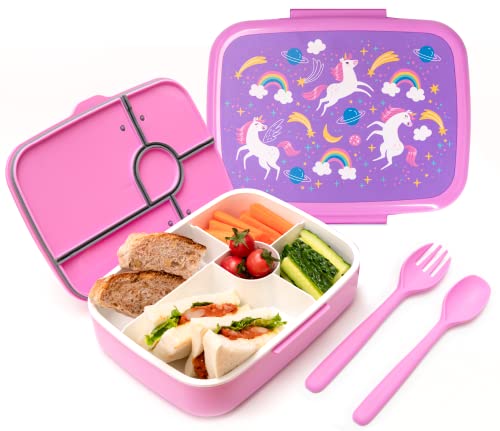 RUVALINO Bento Lunch Box for Kids, 5-Compartment Bento-Style Kids Lunch Box with Utensils, Leak-Proof, Dishwasher Safe, Pre-School Kid Daycare Lunches Snack Container for Ages 5 and up, Unicorn