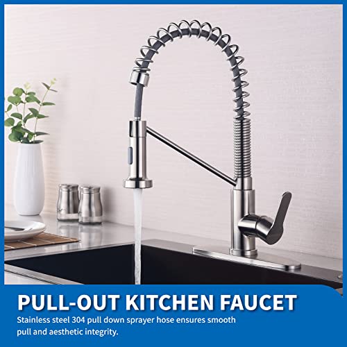Kitchen Sink Faucets, GUSITE Spring Stainless Steel Single Handle Kitchen Faucets with Pull Down Sprayer, 1 or 3 Holes (Brushed Nickel)