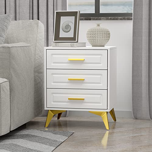 Giluta 3 Drawers Nightstand, Modern Bedside Table with Solid Metal Legs & Handles, White Gold Wood Chest of Drawers, Sofa End Side Table for Bedroom Living Room Hallway, 15.75" D x 19.7" W x 24" H