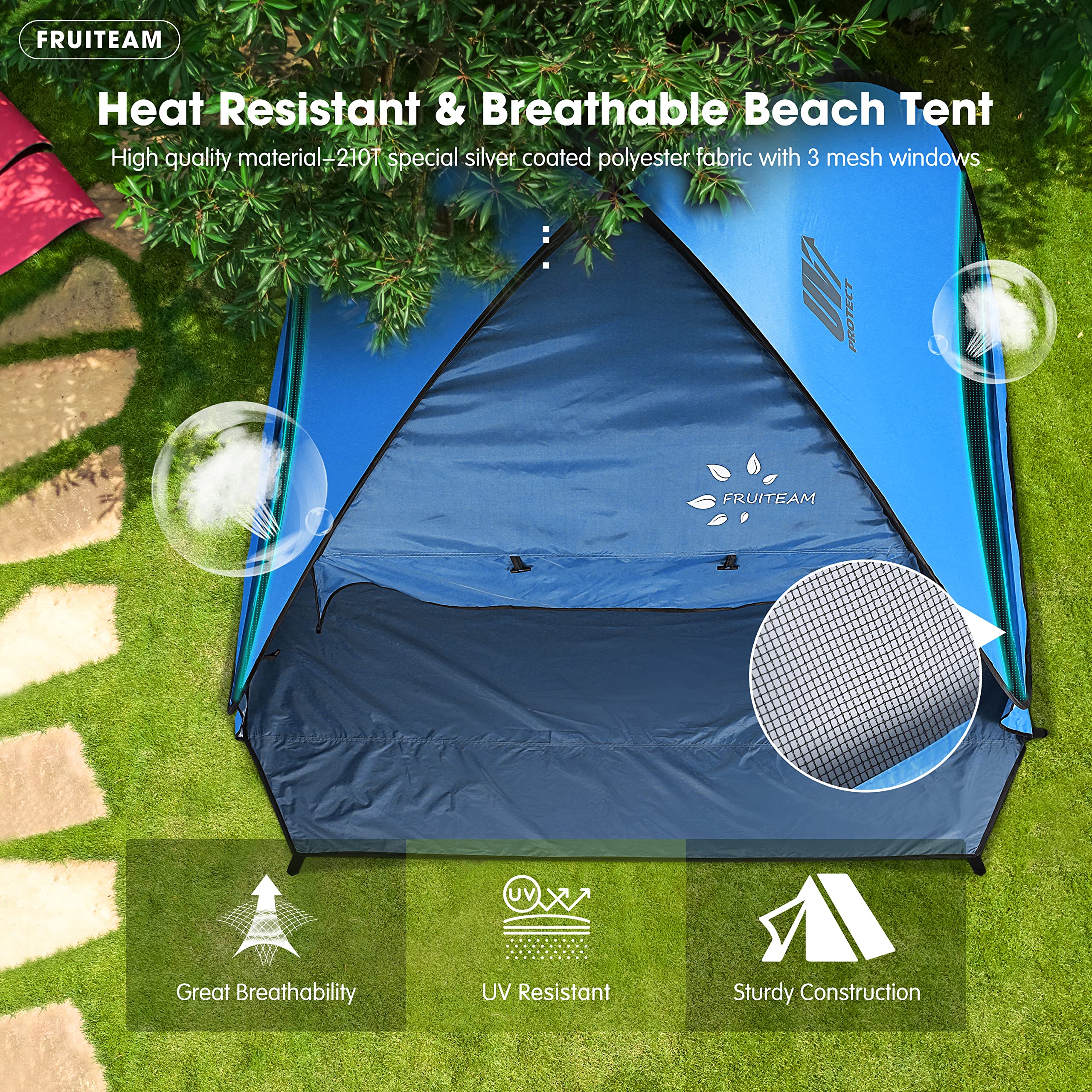 FRUITEAM Pop Up Beach Tent Sun Shelter for 3-4 Person with UV Protection for Camping/Outdoor/Beach, Blue