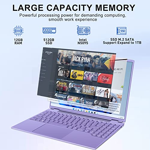 Ruzava/Aocwei 16" Laptop 12+512GB Celeron Intel N5095 (Up to 2.9Ghz) 4-Core Win 11 PC with Cooling Fan 1920 * 1200 2K Screen Dual WiFi Support 2.5" HDD 1TB SSD Expand for Game Work Study-Purple
