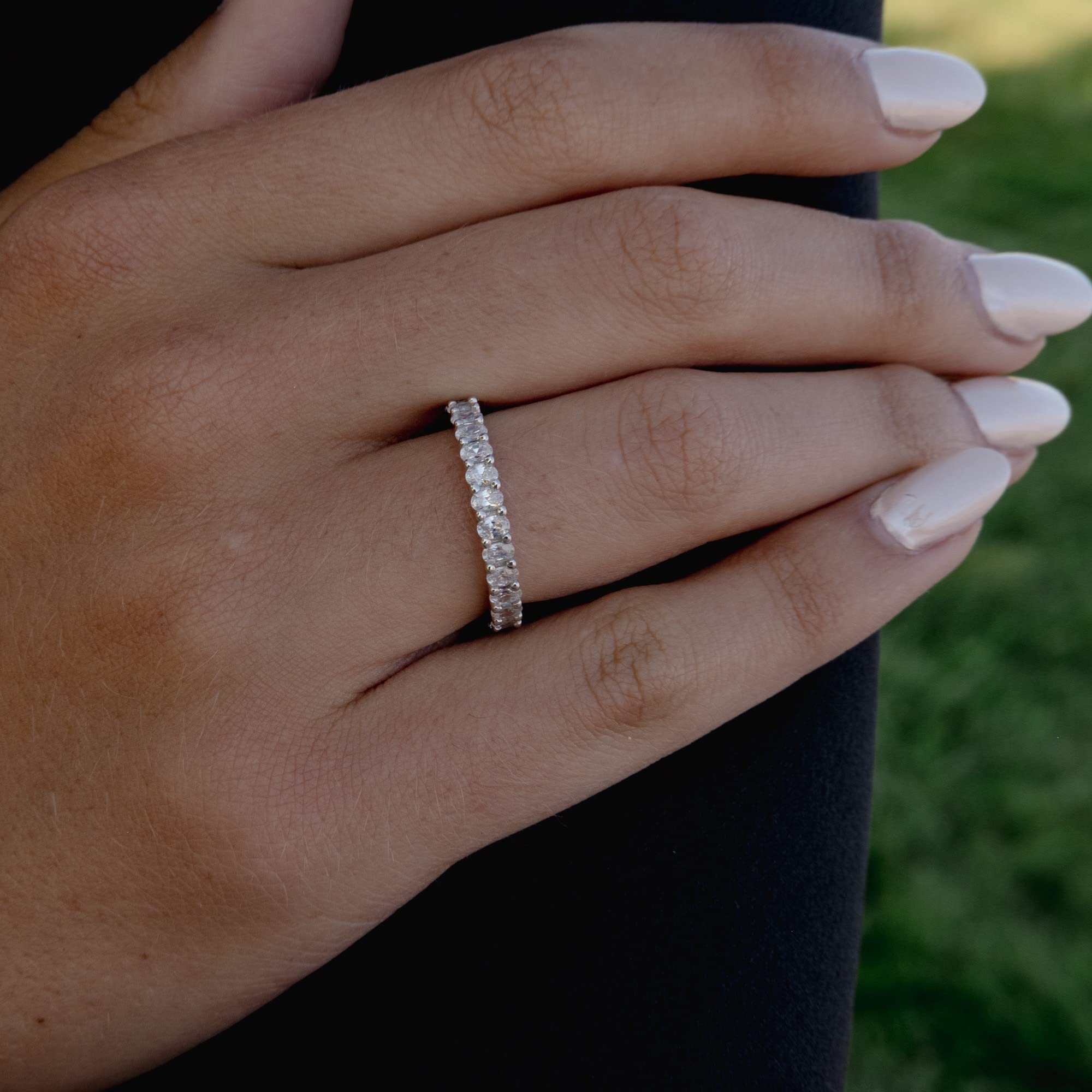 espere Rhodium Plated Sterling Silver Oval Cut CZ Stacking Eternity Ring Full Eternity Band | 3mm Cubic Zirconia Wedding Band Women's Stackable Promise Rings