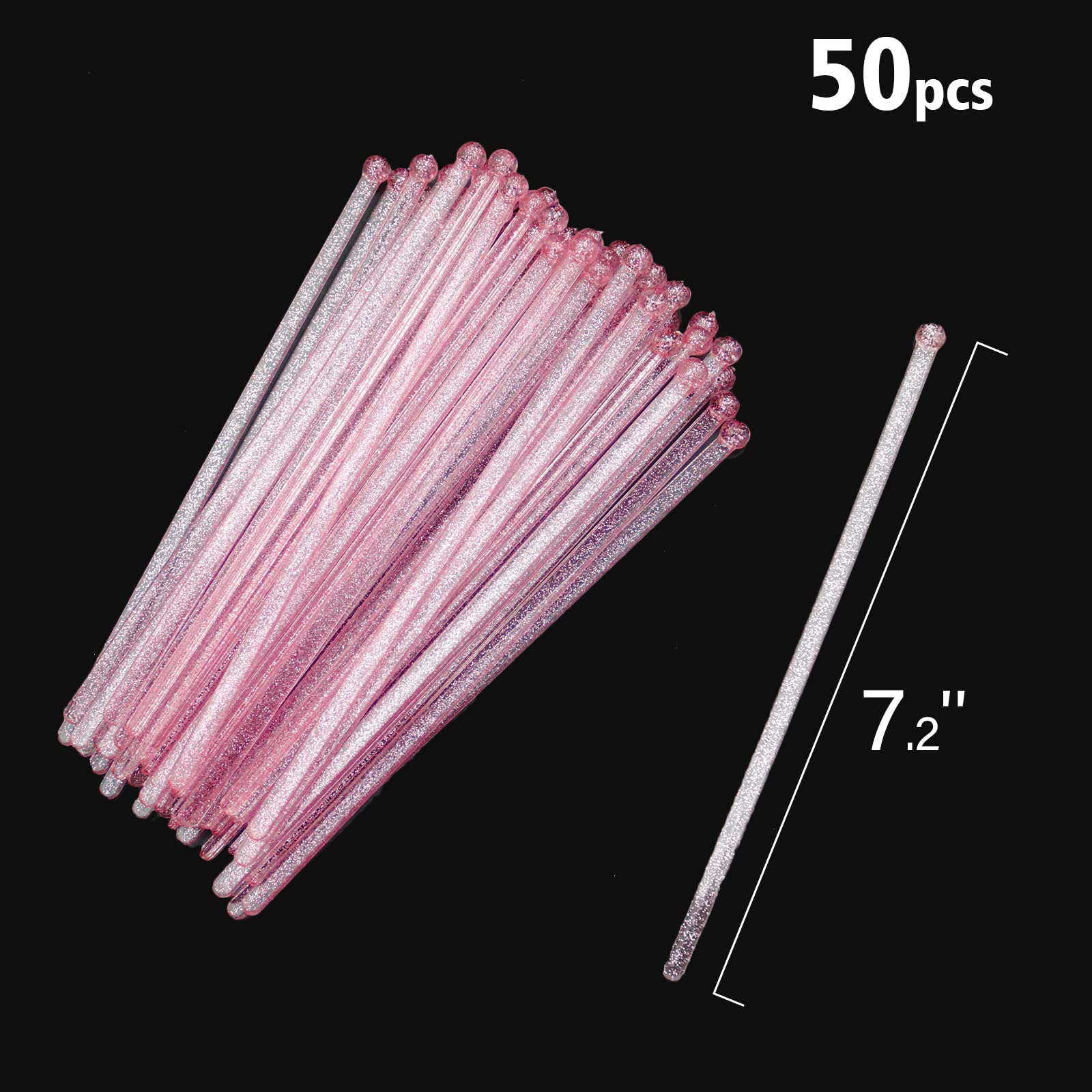 hapray 50-PCS Pink Glitter Plastic Swizzle Sticks, Crystal Cake Pops, Cocktail Coffee Drink Stirrers, Lolipop Stick, for Valentines Day Party 7.24 Inch