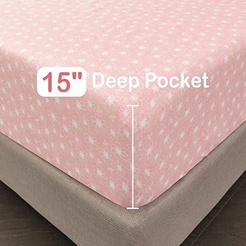 Floral Sheet Set Flower Full Size Sheet Sets, Brushed Microfiber Patterned Fitted Sheet with 15" Deep Pocket for Double Bed, Coral Pink Flower, 4 piece Sheet & Pillowcases Set