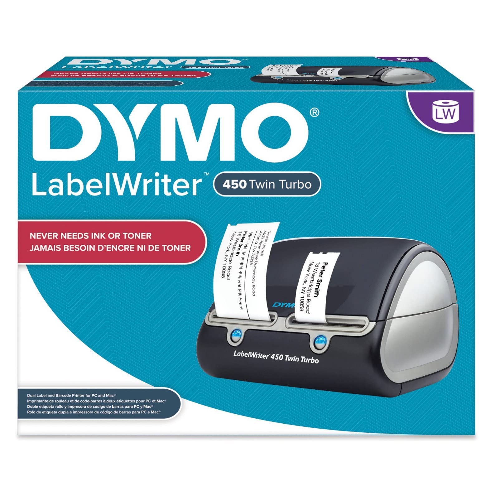 DYMO LabelWriter 450 Twin Turbo Direct Thermal Label Printer - USB Connectivity - Print up to 71 Labels Per Minute, 300 x 600 dpi, 2.20" Maximum Print Width Monochrome Barcode Label Maker