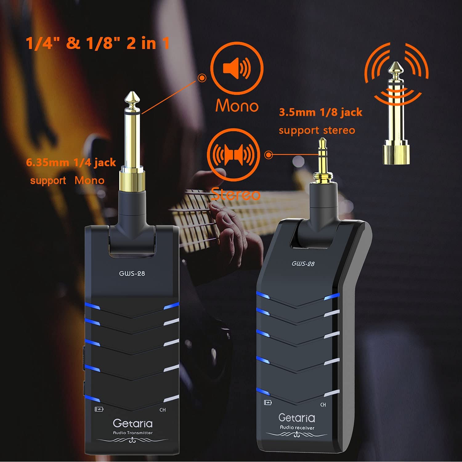 Getaria Wireless Guitar System Wireless Guitar Transmitter and Receiver 5 Channels Electric Guitar Bass