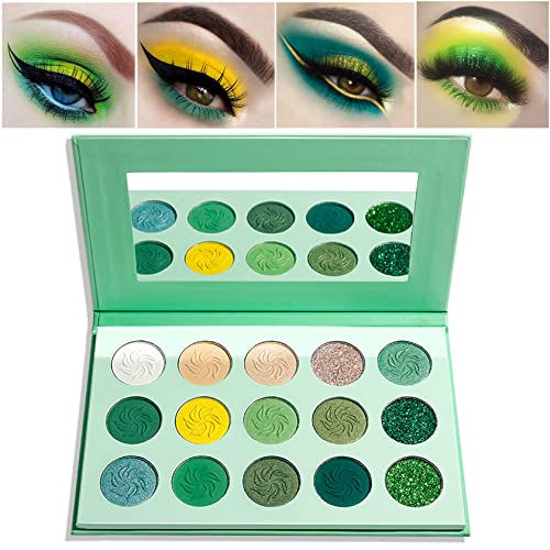 Green Eyeshadow Palette,QIUFSSE 15 Colors Eye Shadow Pallete Sets Highly Pigmented Matte Glitter Colorful Long Lasting Blendable Forest Emerald Green Yellow Makeup Pallet for Women Christmas Halloween