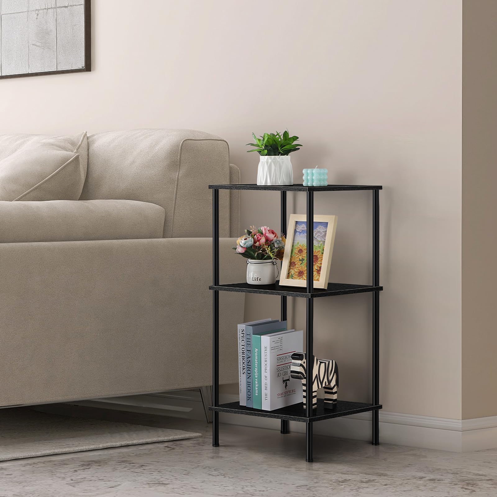 Fogein 3-Tier End Table, Nightstand Sofa Table Side Table, Table Stand, Nightstand for Living Room Shelf Storage for Bedroom Used for Small Spaces Table(Black)