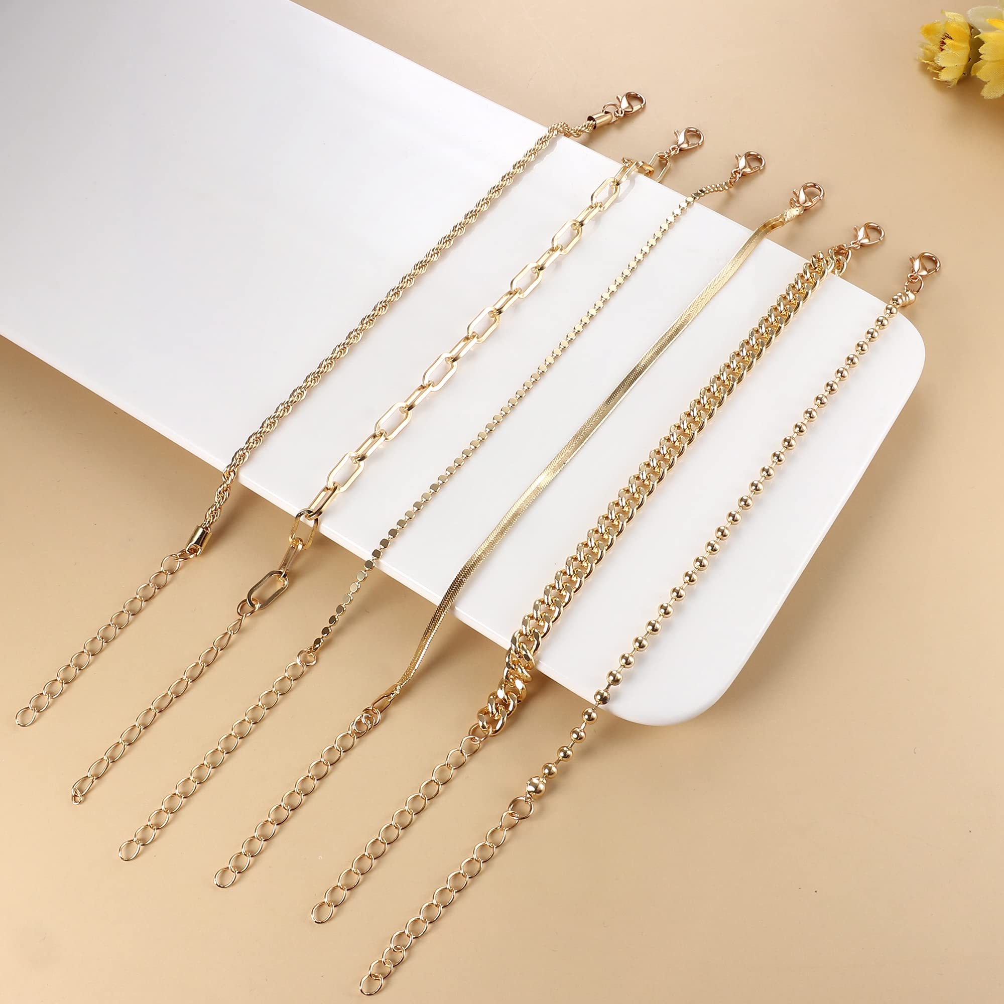 FINREZIO 6PCS Gold Chain Bracelet for Women Paperclip Link Beaded Cuban Bracelet Chunky Cable Chain Bracelet Adjustable Layered Stackable Bracelets Jewelry Style B