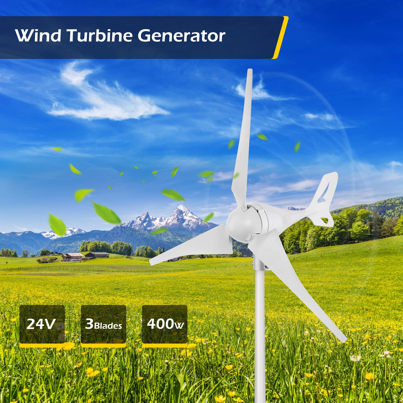 Dyna-Living Wind Turbine Generator 400W DC 24V 3 Blades Wind Turbine Motor with Charge Controller for Home Use or Industrial Energy, Wind Power Generator Auto Adjust Wind Direction(Not Included Mast)