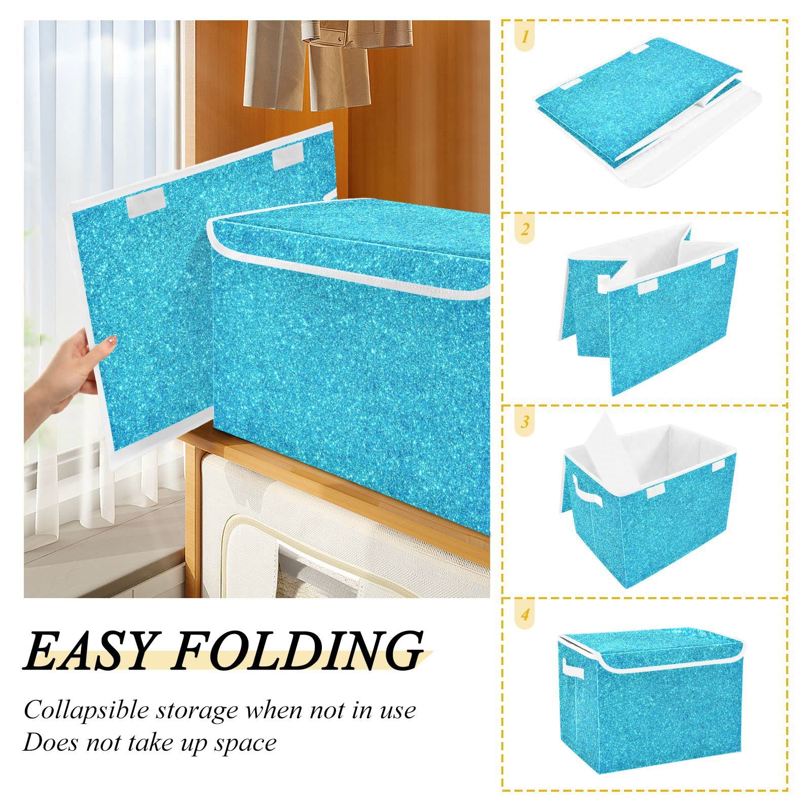 Gredecor Storage Basket Bins with Lid Blue Glitter Storage Boxes Organizer with Handle 16.5"x12.6"x11.8" Large Collapsible Storage Cube for Toys Bedroom Nursery Home