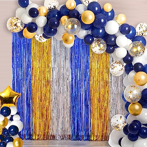 LOLStar 2 Pack Navy Blue Gold and Silver Party Decorations 3.3X6.6 ft Each Foil Fringe Tinsel Curtains Backdrop, Streamers - Perfect for Birthdays, Showers, Retirement, Graduations, Weddings