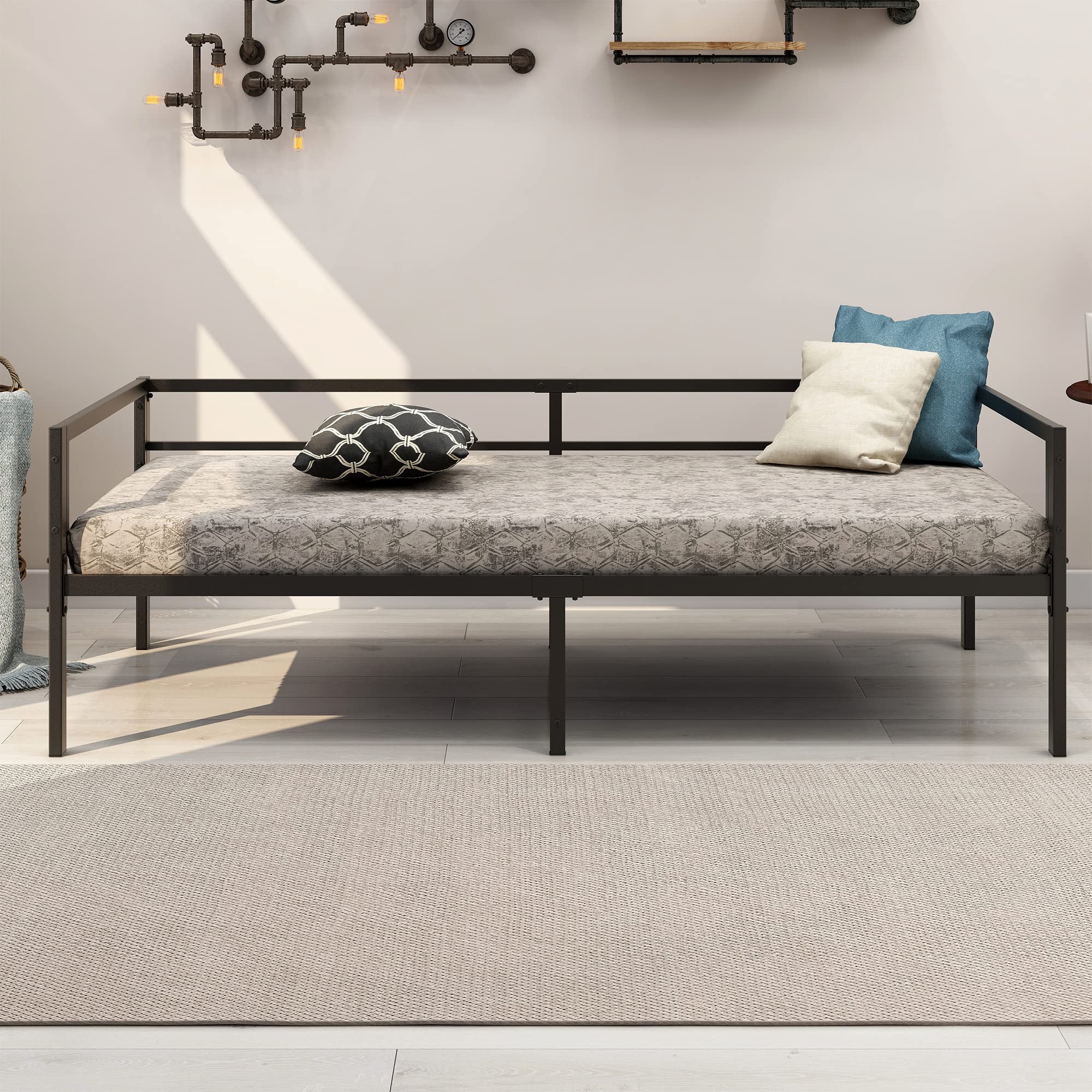 DUMEE Twin Daybed Frame with Storage, Multifunctional Mattress Foundation/Day Bed Sofa with Headboard, Reinforced Support, No Box Spring Needed, Twin, Black