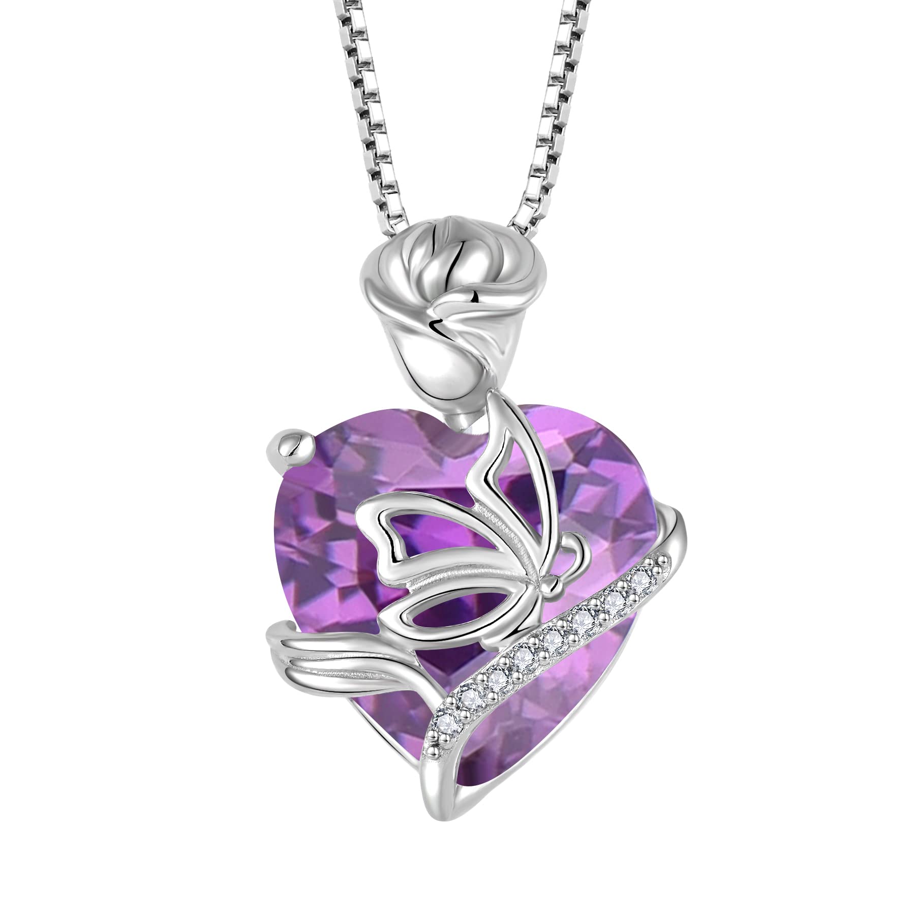 FJ Heart Rose Butterfly February Amethyst Birth Stone Sterling Silver Amulet Jewelry